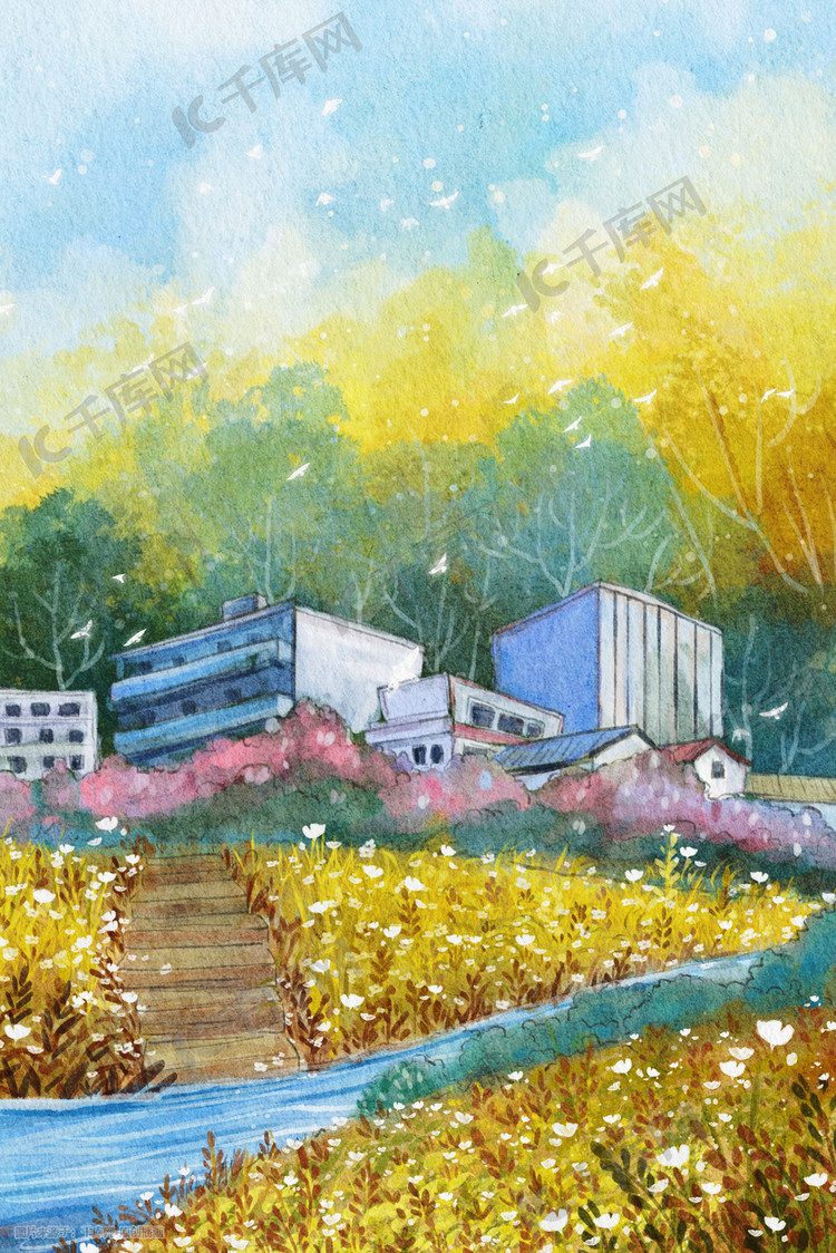 水彩立秋秋天景色风景插画图片-千库网