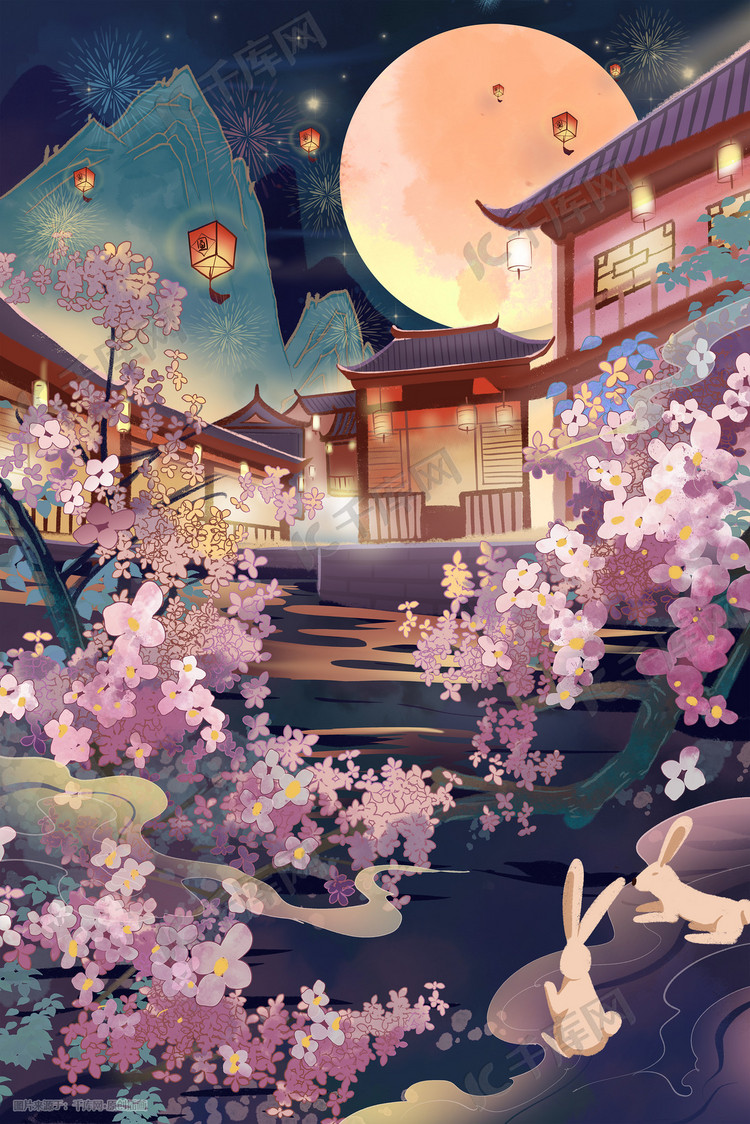 中秋节中秋月色秋天古风建筑中秋场景插画图片-千库网