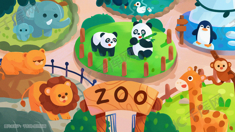 卡通动物动物园场景宣传插画图片-千库网