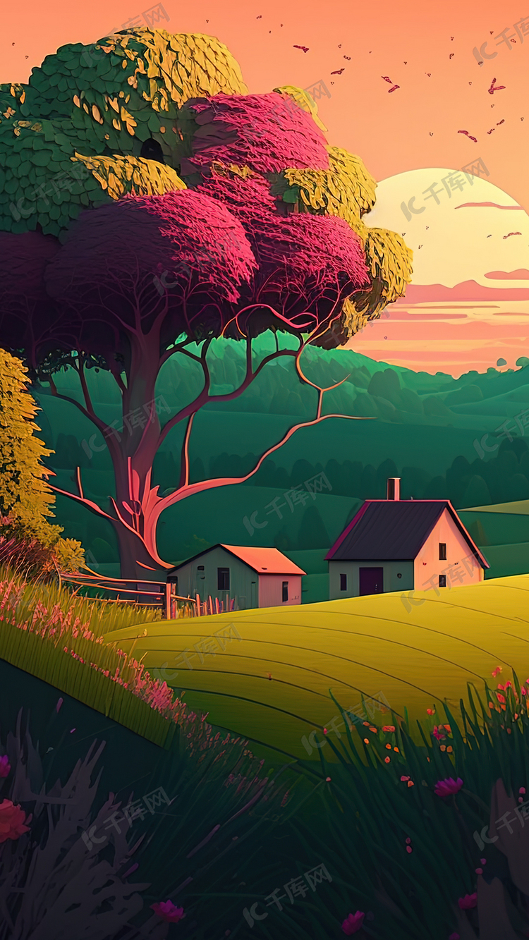 彩色田野风景插画图片-千库网