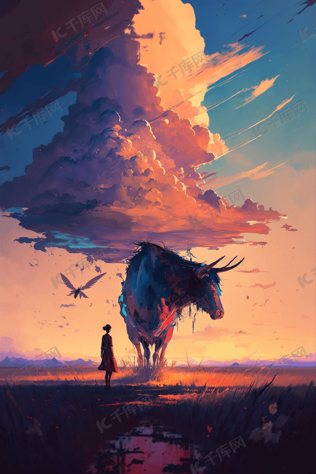 一个生机勃勃充满活力的牧场插画图片-千库网