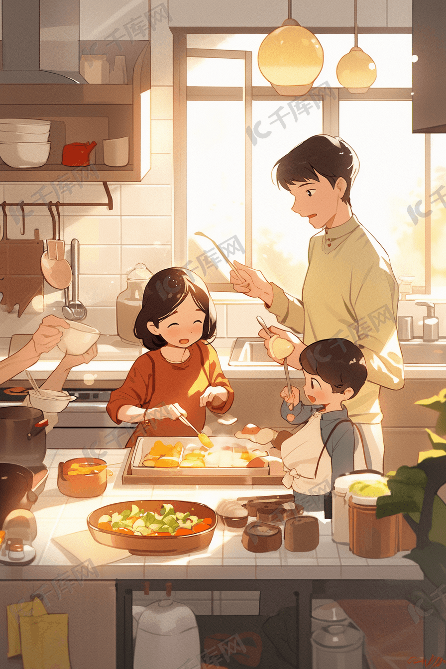 家庭煮饭厨房烹饪温馨场景一家3口插画图片 千库网