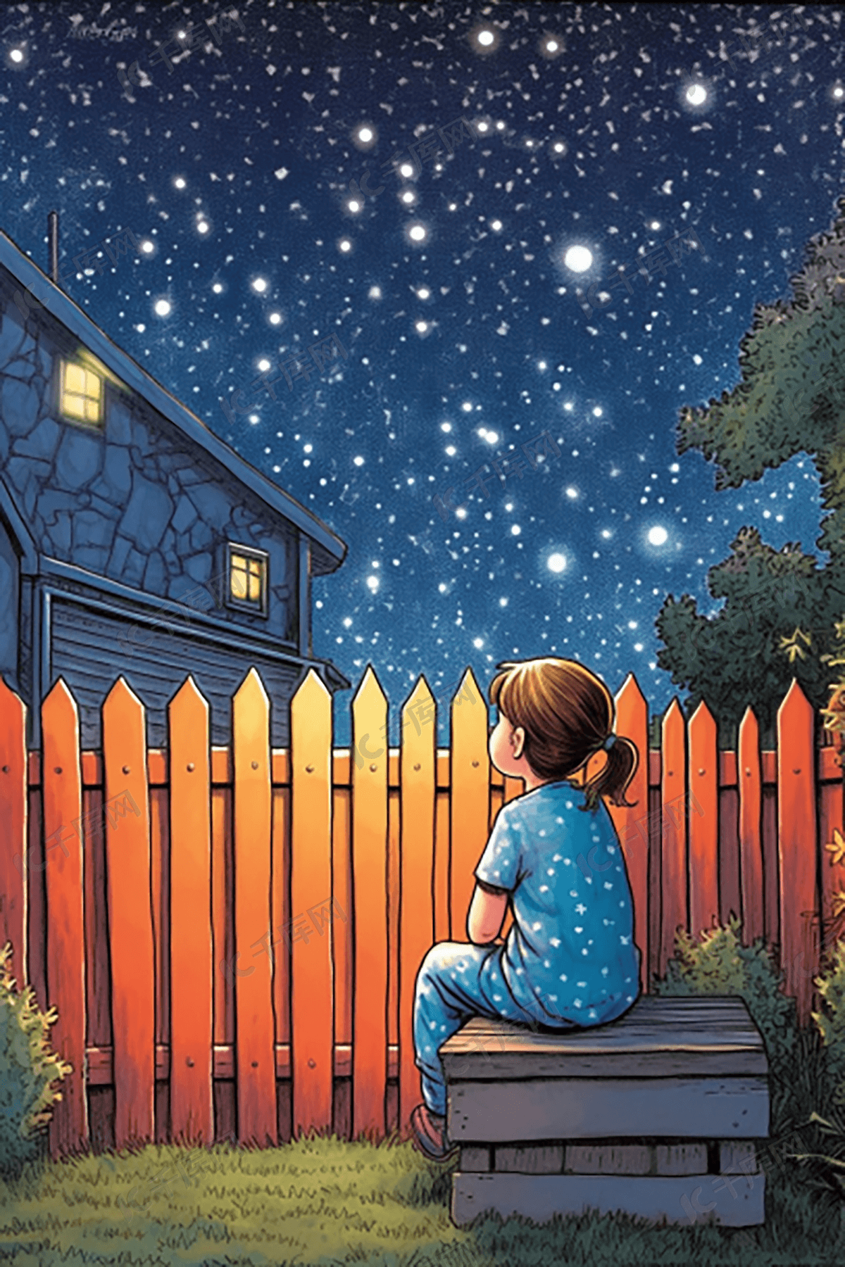 在小院里看星星的小女孩插画图片-千库网