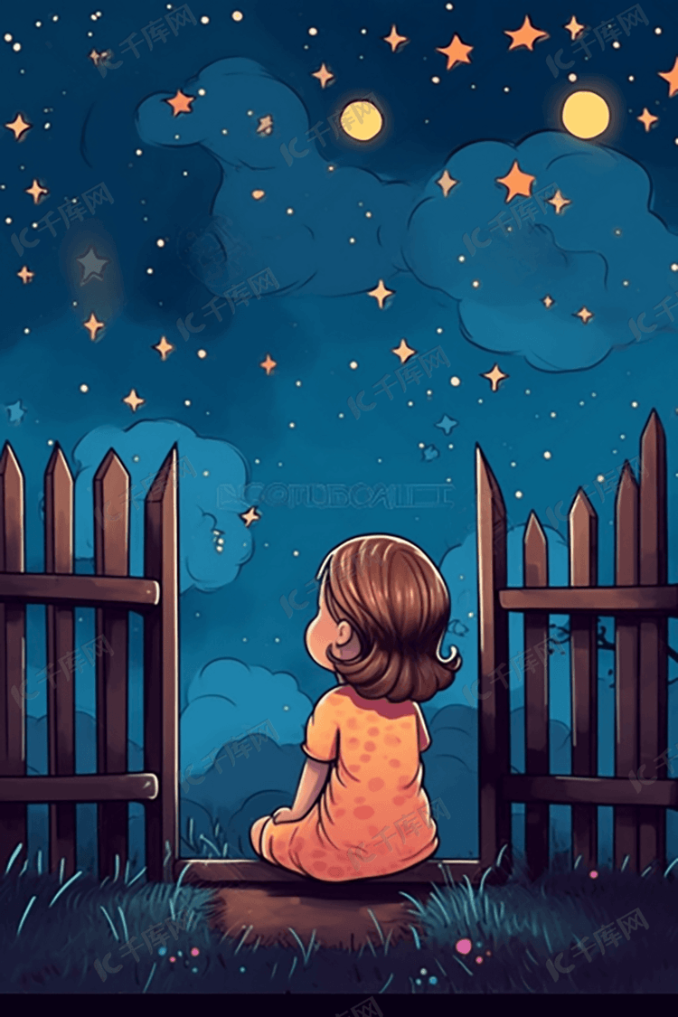 在小院里看星星的小女孩插画图片-千库网
