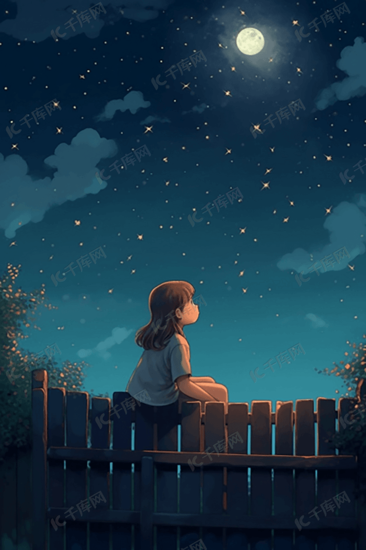 在小院里看星星的小女孩插画图片-千库网