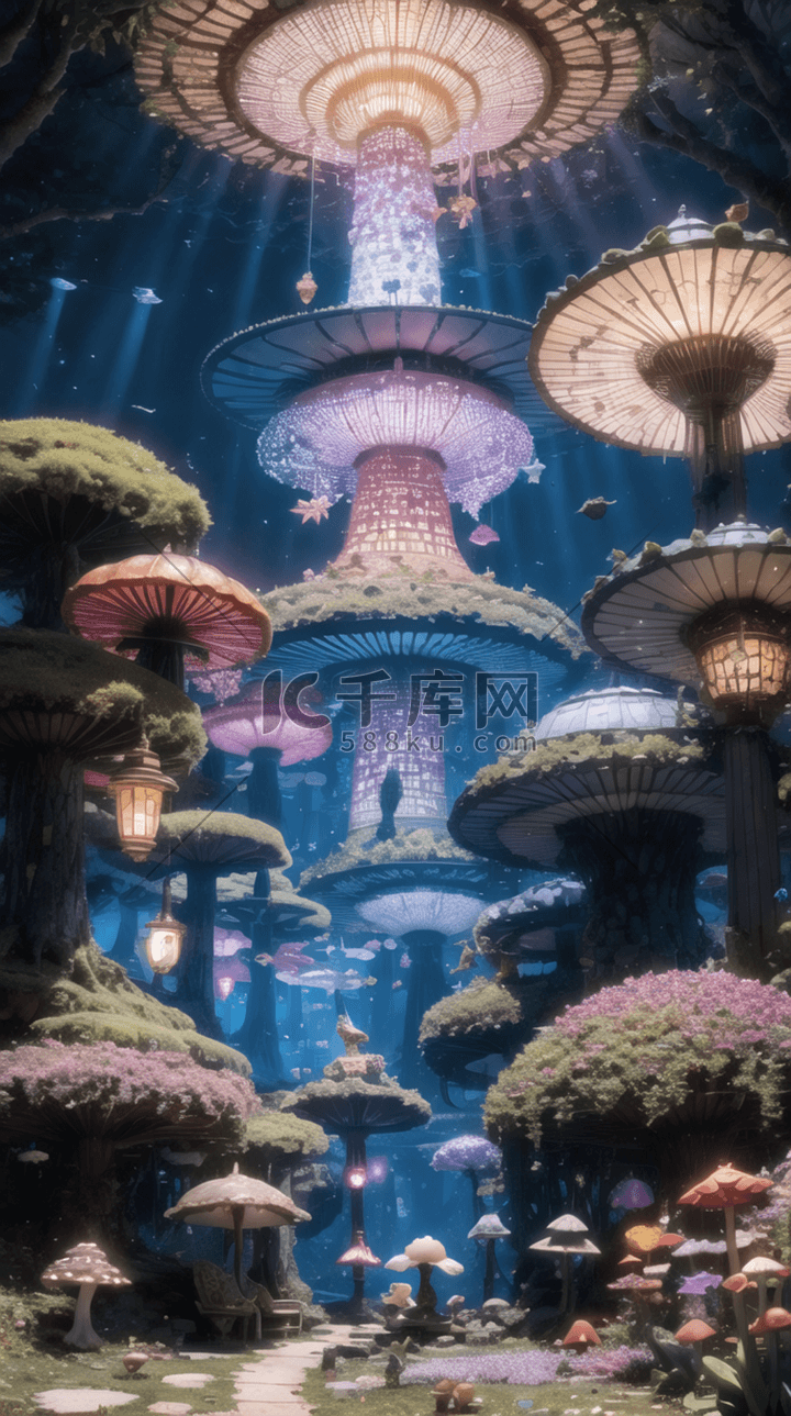 奇幻彩色蘑菇世界插画图片-千库网