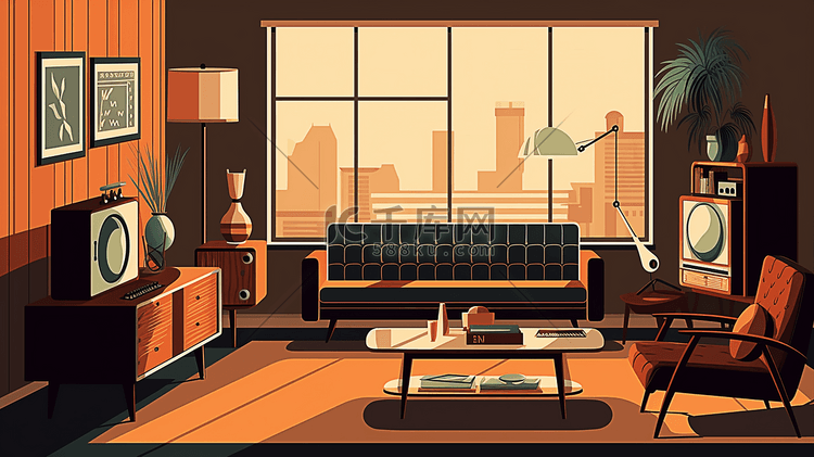 矢量扁平室内客厅家具家装插画图片-千库网