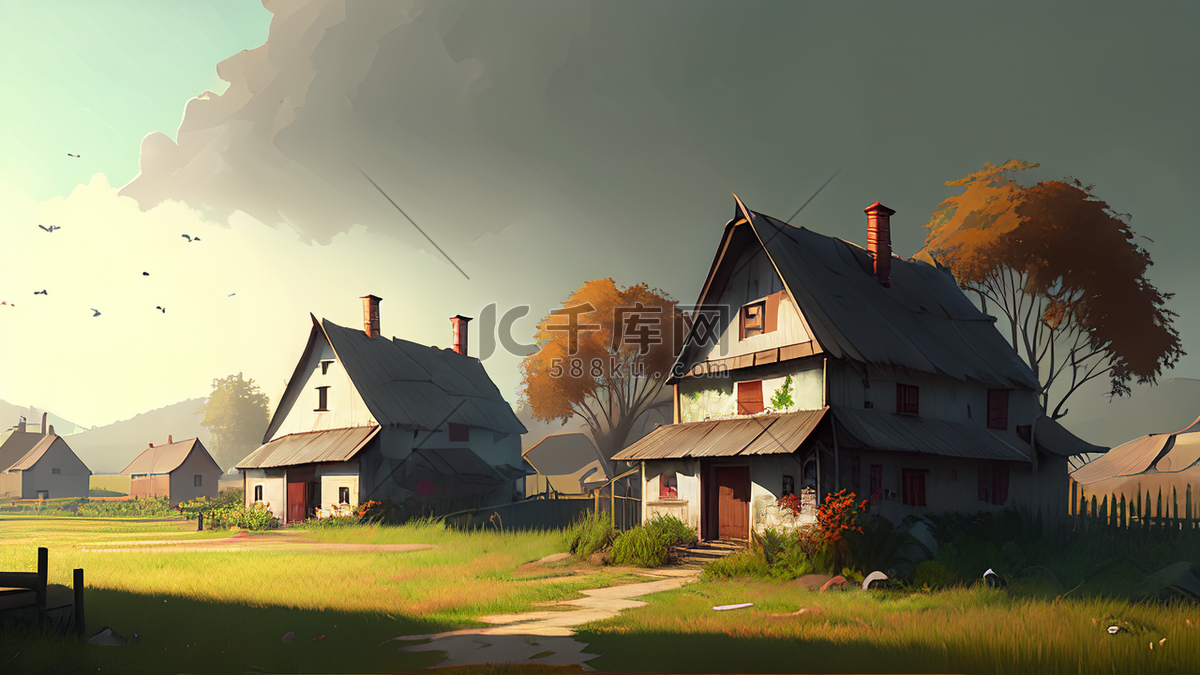 农村乡村简约手绘风景插画图片-千库网