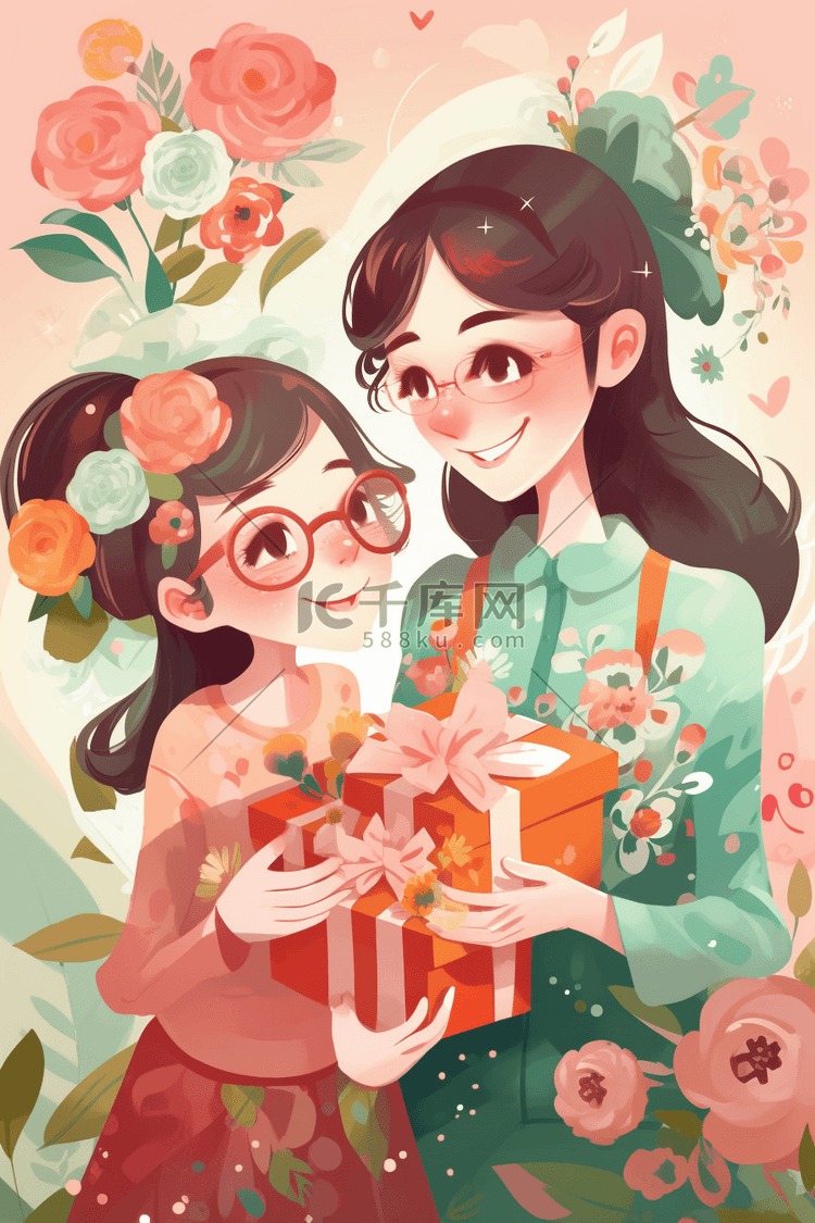 母亲节鲜花礼物手绘插画图片-千库网