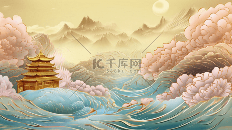 国潮山水树木花草插画图片-千库网