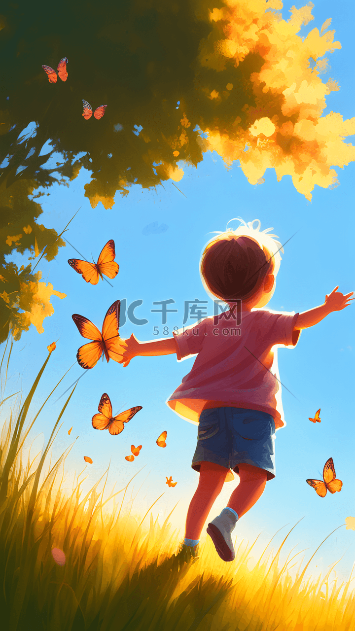 夏日孩子蝴蝶阳光嬉戏插画图片-千库网