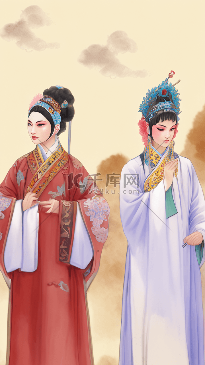 手绘国风中国传统戏曲人物插画图片-千库网