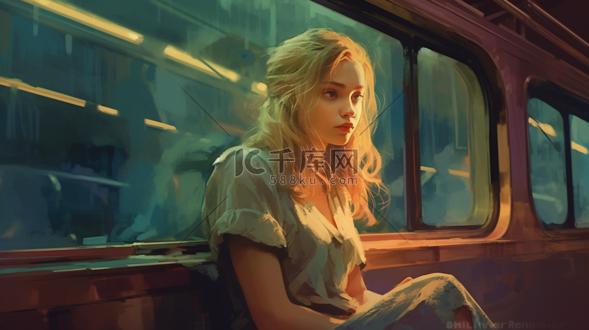 坐在列车上的女孩插画图片-千库网