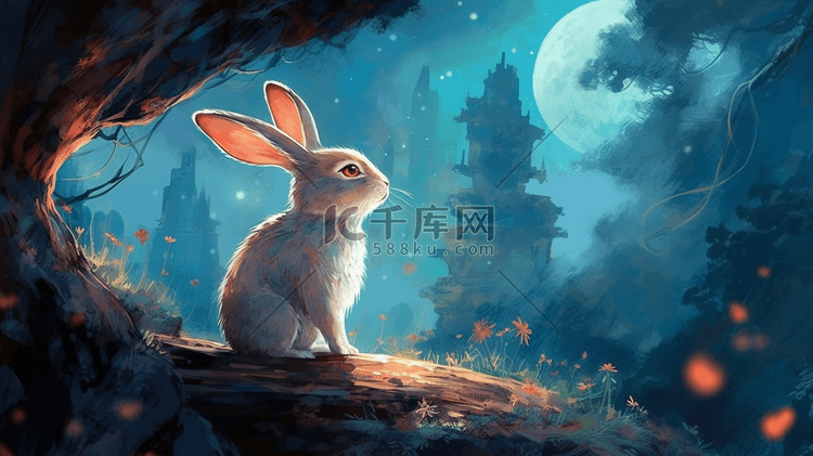 兔子和月亮插画图片-千库网