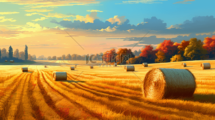 秋天立秋节气草垛田野风景场景数字艺术插画图片-千库网