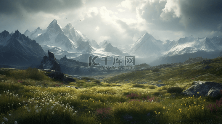 早春雪山唯美风景数字艺术插画图片-千库网