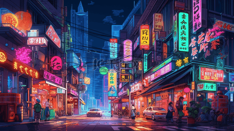 赛博朋克风城市街道场景插画图片-千库网