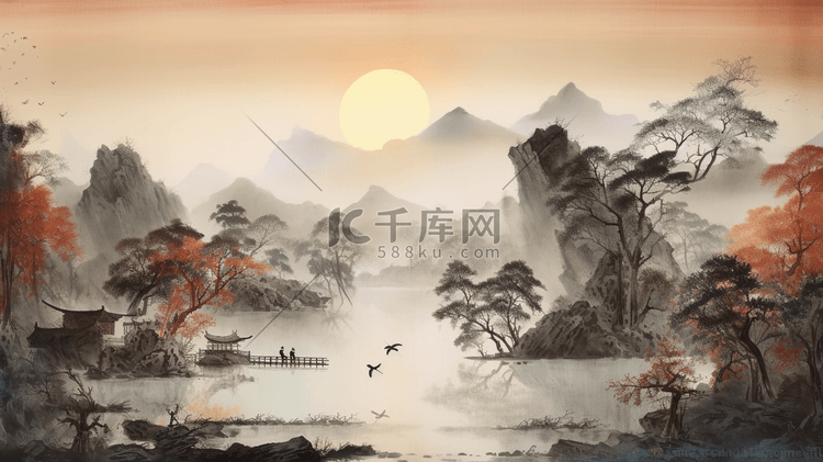 中国风山水水墨数字艺术插画图片-千库网