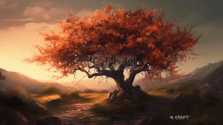 美丽的桃树数字艺术插画图片-千库网