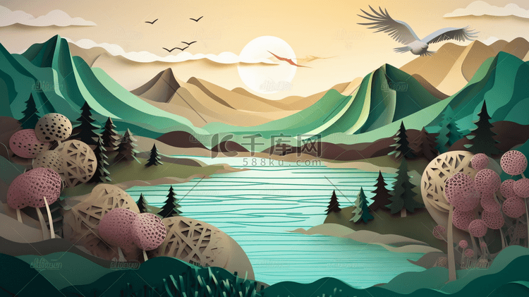 唯美立体山水风景数字艺术插画图片-千库网