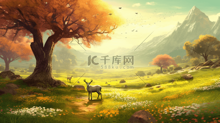 春天田园风光草原数字艺术插画图片-千库网