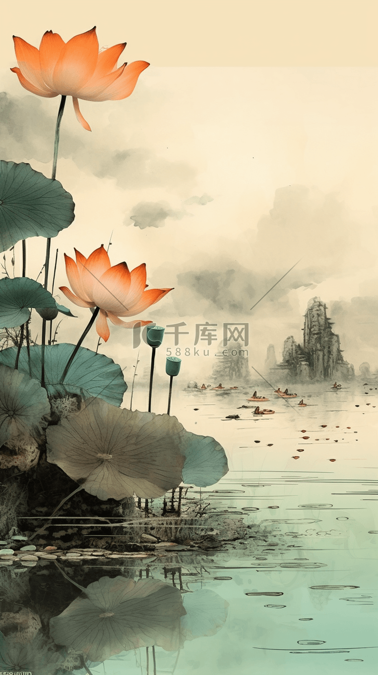 中国风夏天水彩荷花莲花插画图片-千库网