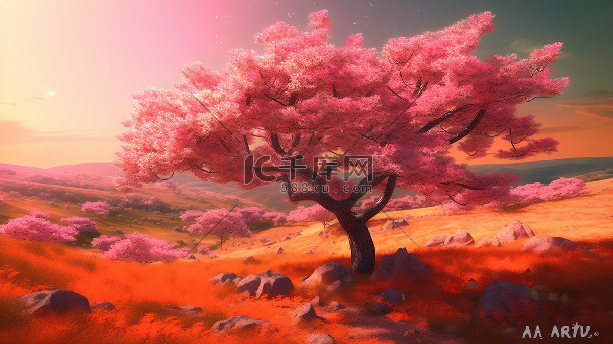 美丽的桃树数字艺术插画图片-千库网