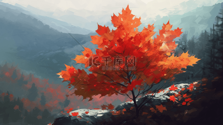 秋日枫叶数字艺术插画图片-千库网