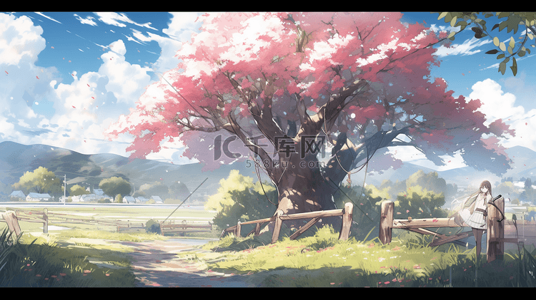 粉色桃树数字艺术插画图片-千库网