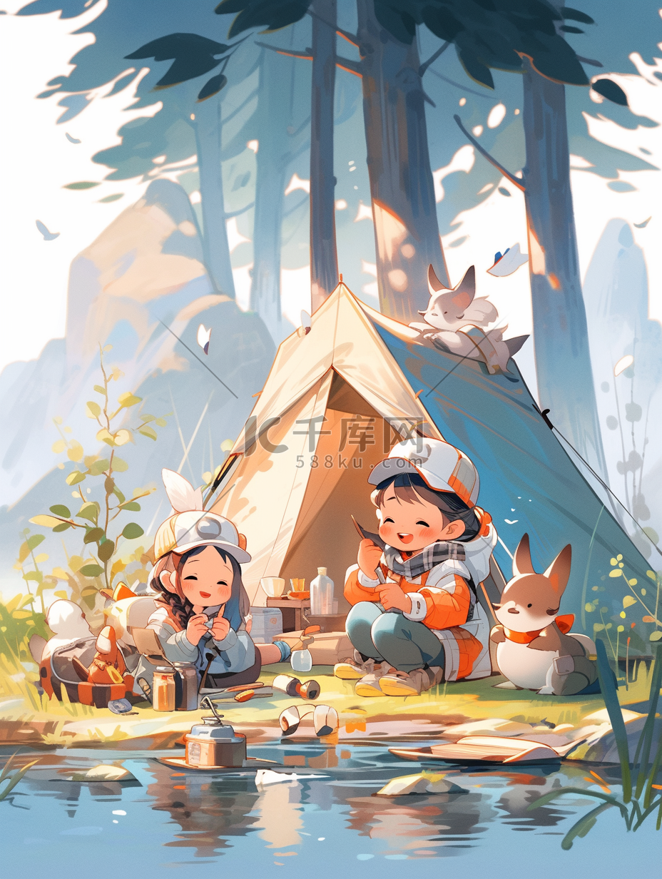 欢乐儿童露营背景插画图片-千库网