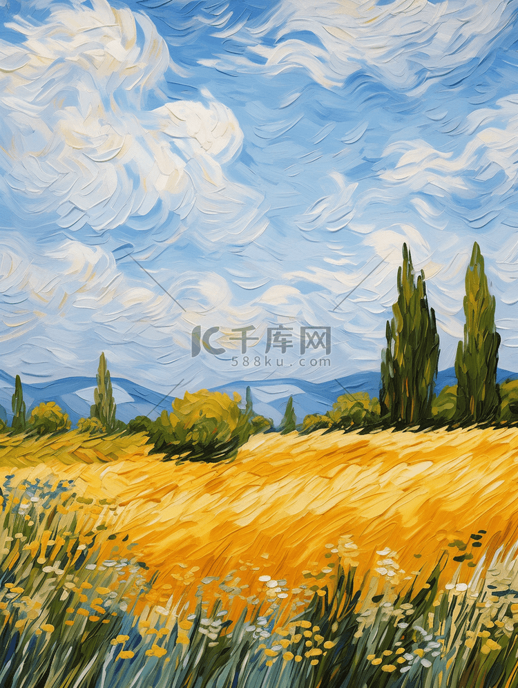 油画风秋天的田野风景插画图片-千库网