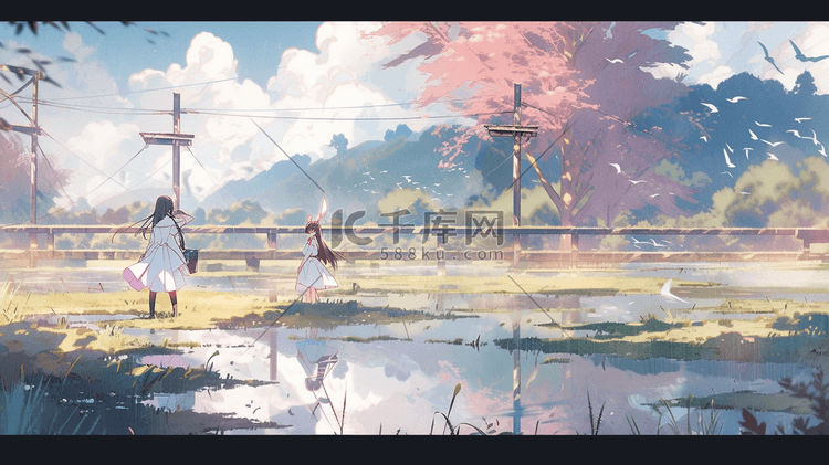 唯美风山水树木插画图片-千库网