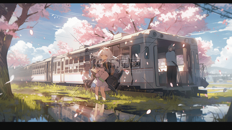 少女大巴列车动漫风樱花岛数字艺术插画图片-千库网