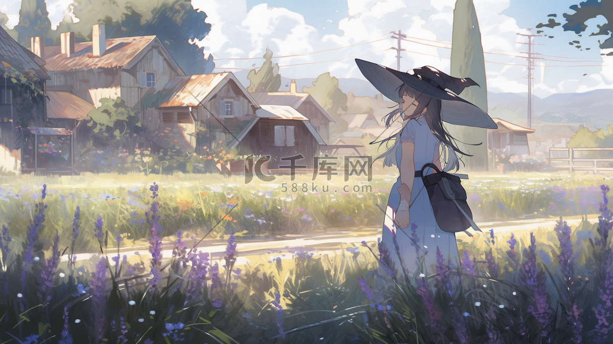 薰衣草田园小屋艺术插画图片-千库网
