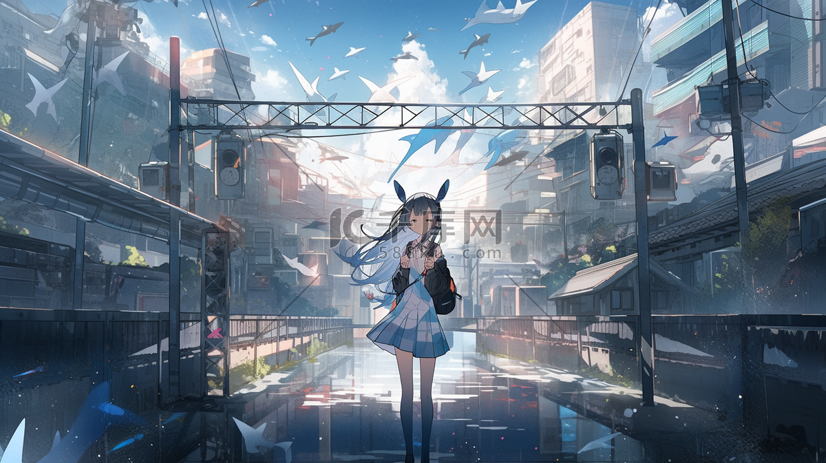 梦幻城市女孩二次元数字艺术插画图片-千库网