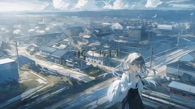城市科技俯瞰女孩二次元插画图片-千库网