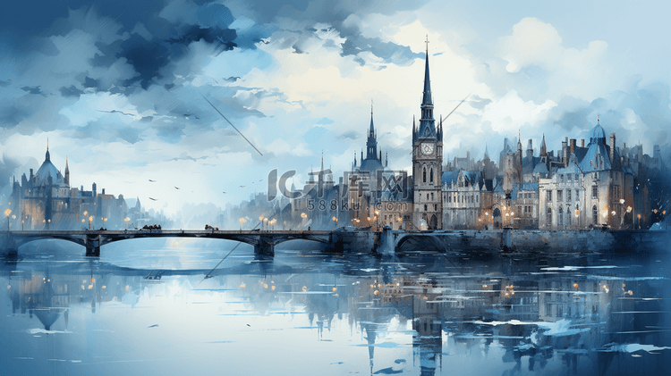 蓝色水墨欧洲风光欧洲城堡插画图片-千库网