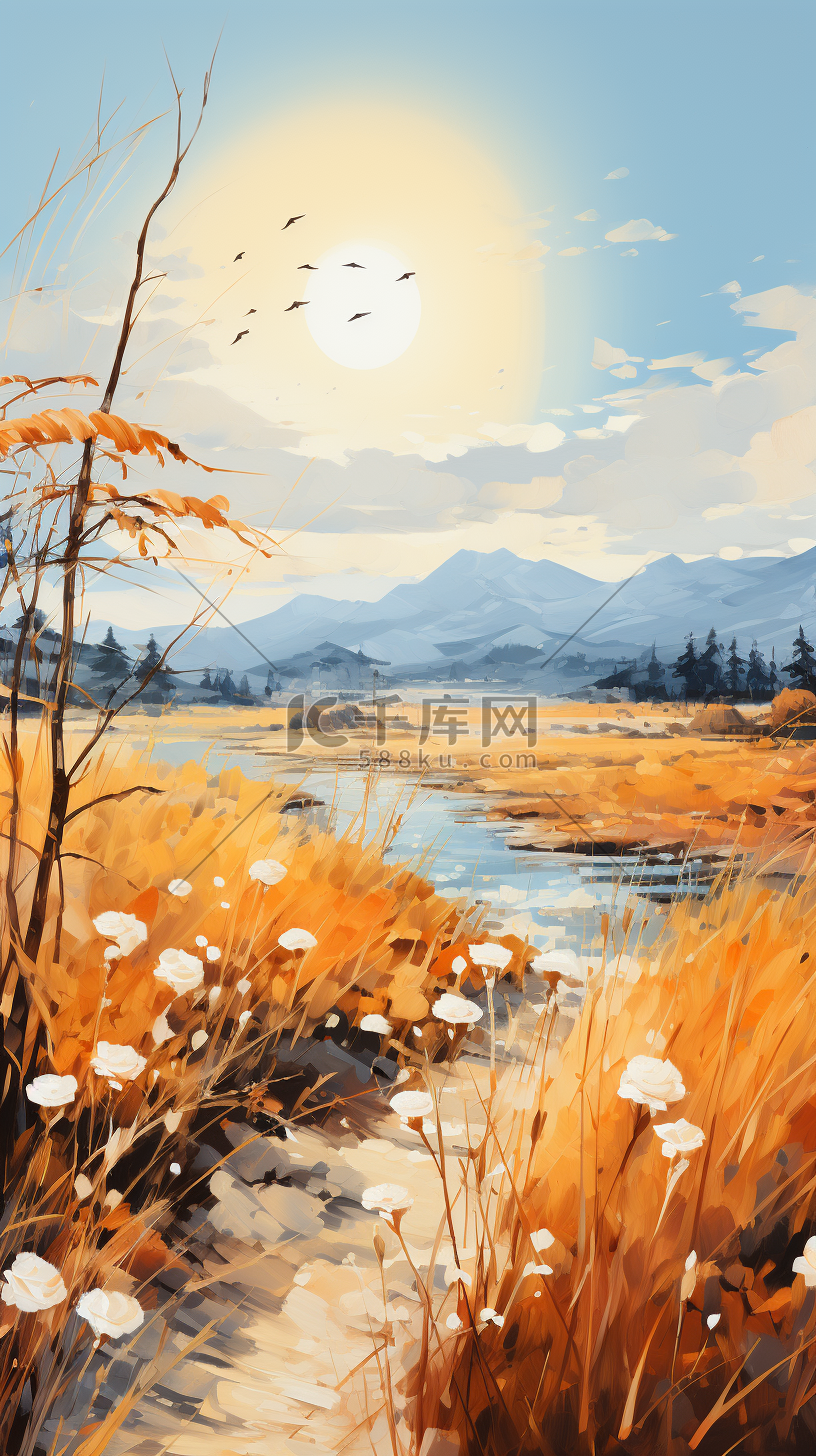 秋天水彩风景插画图片-千库网