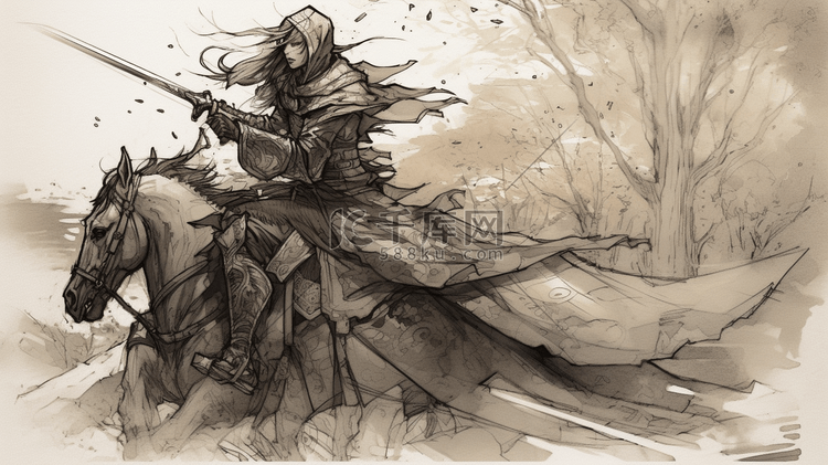 水墨风格的骑马游侠插画图片-千库网