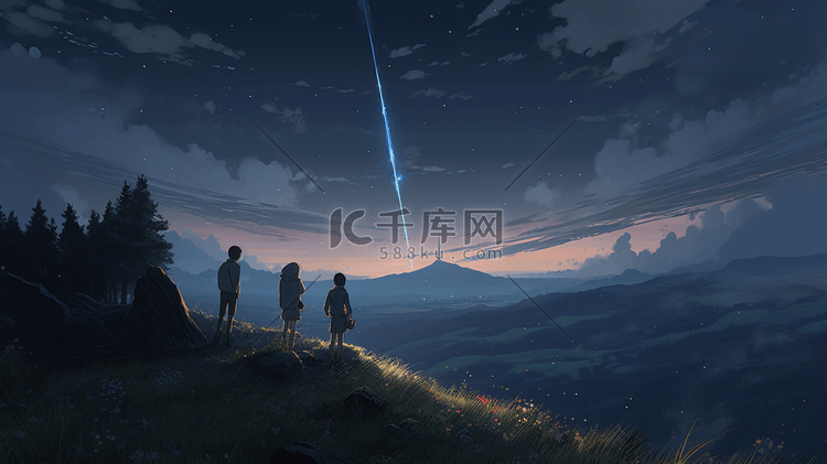 朋友们在夜晚仰望星空插画图片-千库网