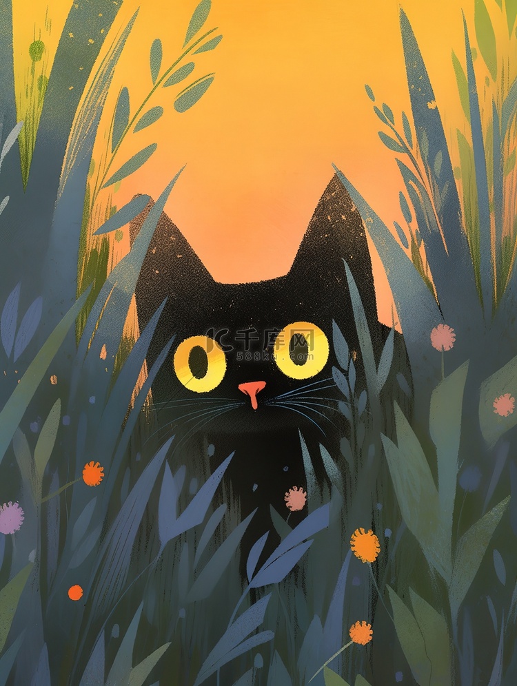 小黑猫躺在草地上儿童绘本4插画图片-千库网