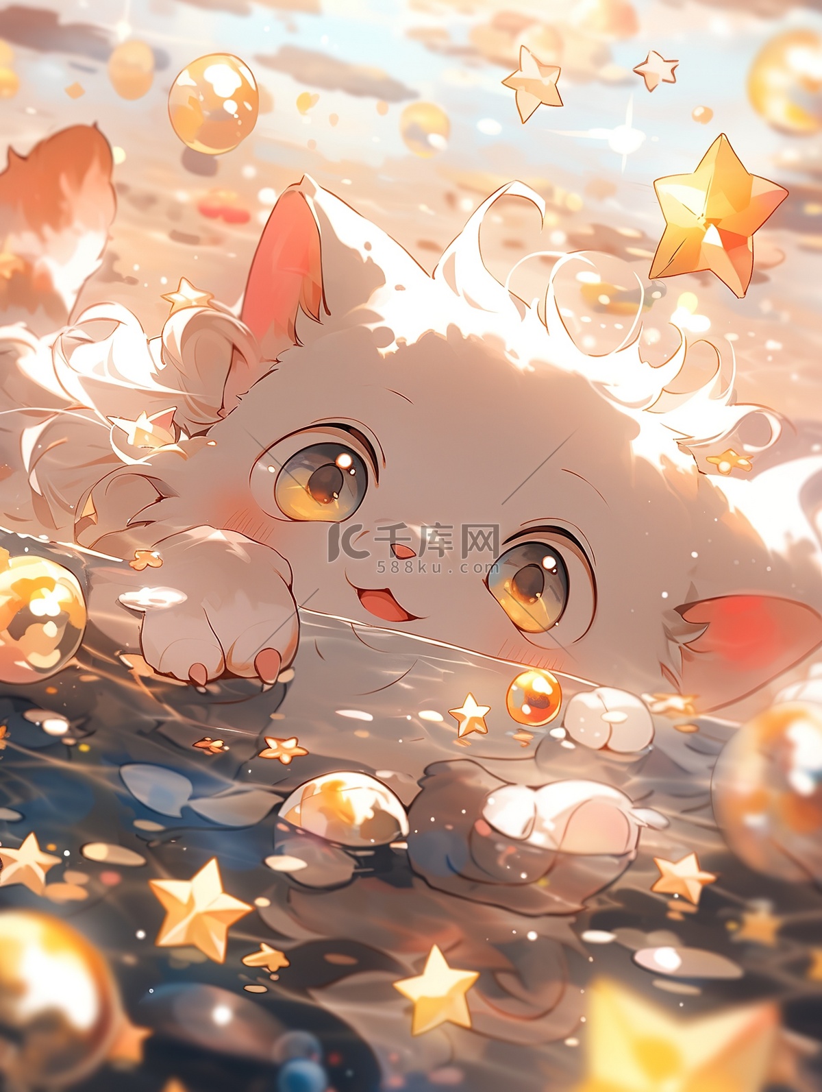 可爱的猫在玩水梦幻场景动漫12插画图片 千库网