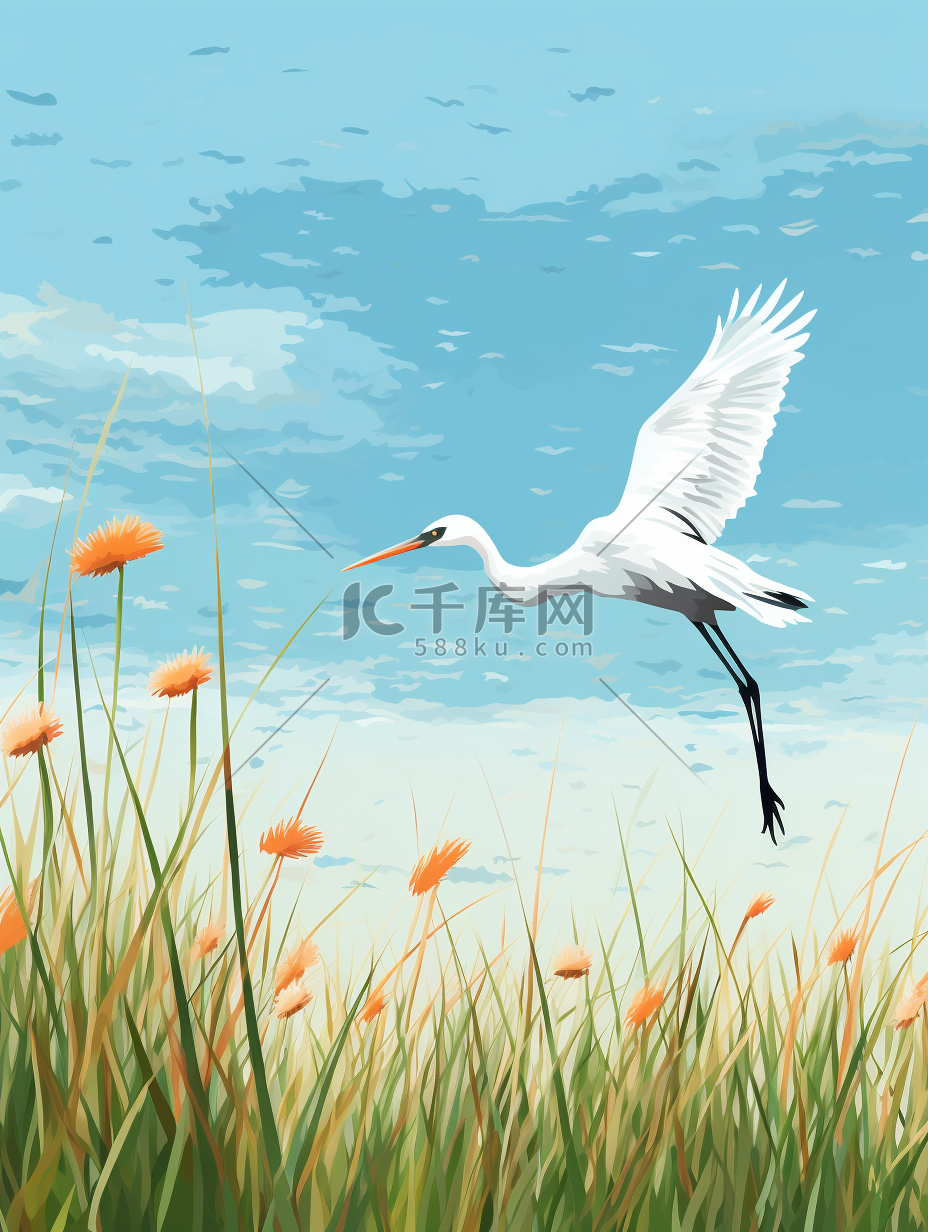唯美草丛中的白鹭鸟白露节气14插画图片-千库网