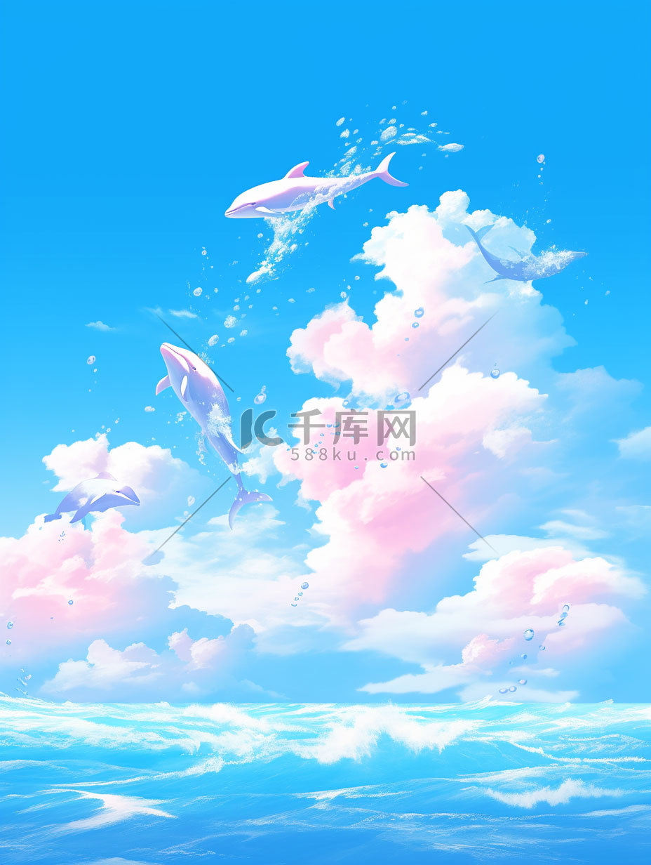 漫画风格海面上海豚跃水蓝天白云4插画图片-千库网