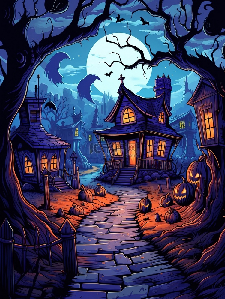 万圣节小镇的卡通插图9插画图片-千库网