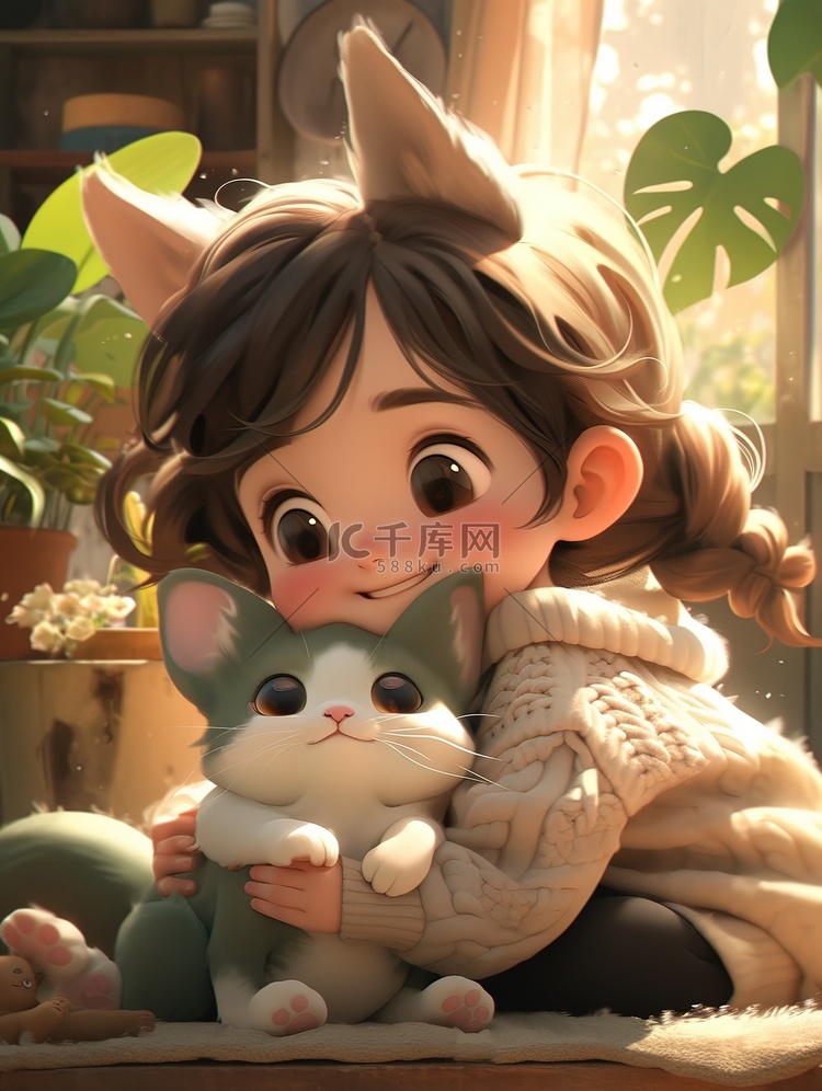 可爱的小女孩和她的猫6插画图片 千库网