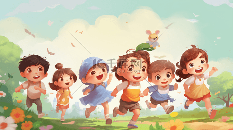 一起玩耍的小朋友卡通2插画图片-千库网