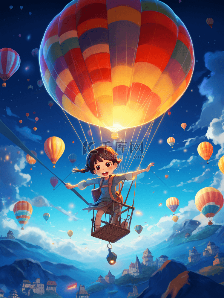 彩色唯美热气球上的少年卡通16插画图片-千库网