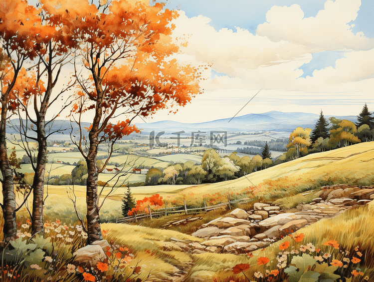 水彩画秋天村庄风景秋天场景插画图片-千库网