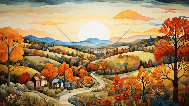 秋天场景水彩画秋天风景插画图片-千库网